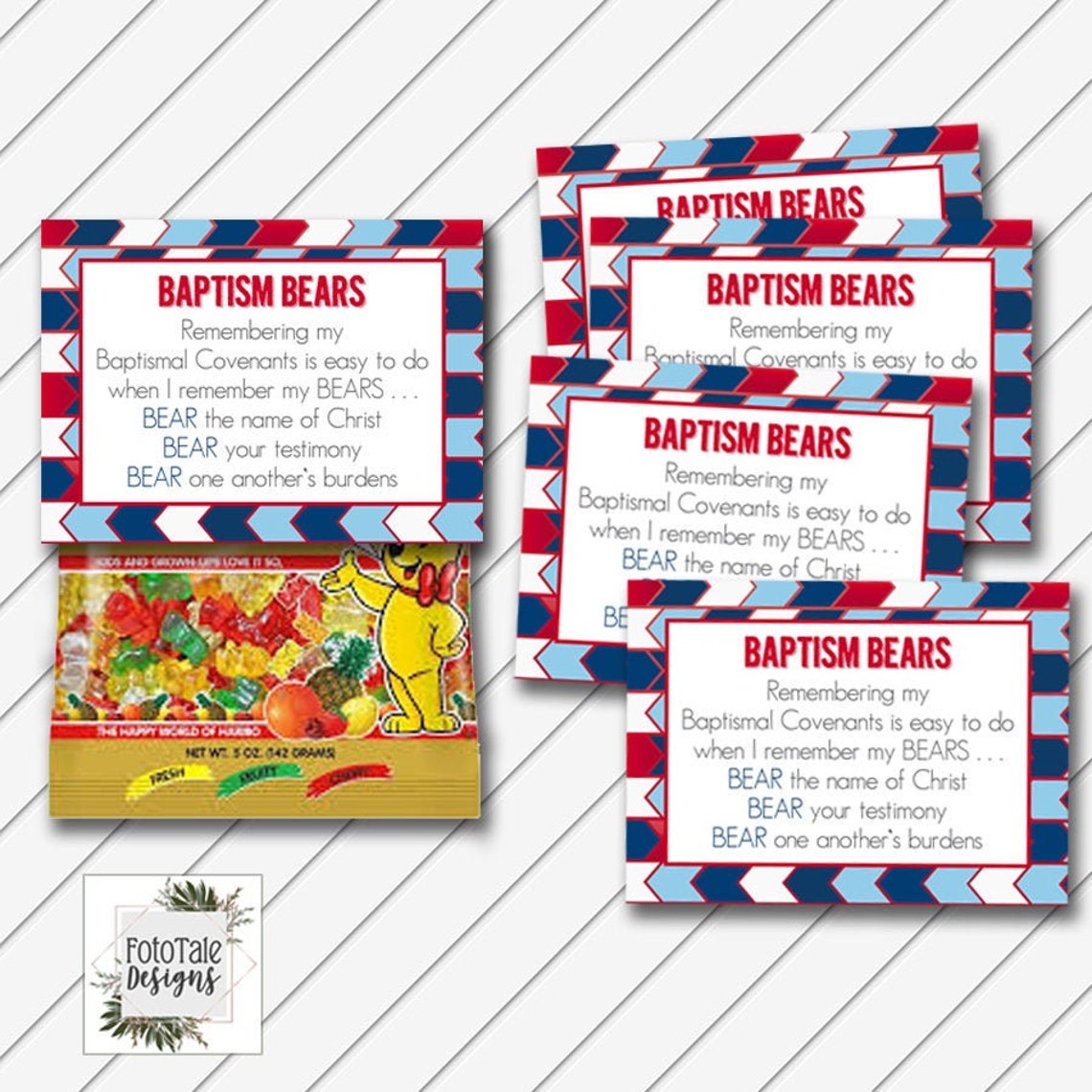 LDS Baptism Bears Tag, 2.5x3.5 Card, Digital Printable, Navy Blue and ...