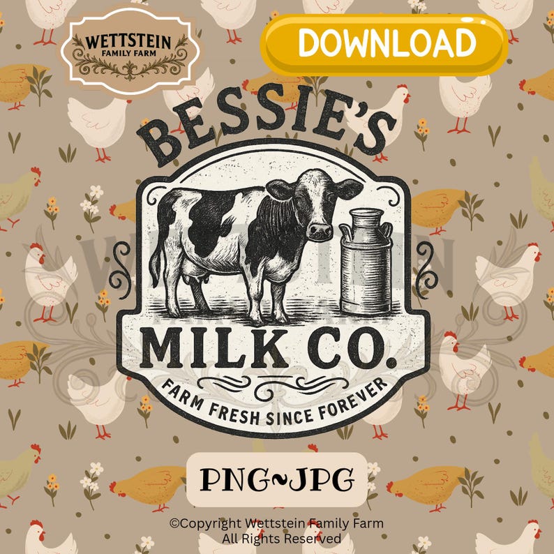 Bessie’s Milk Co. PNG | Vintage Farm Dairy Label Sublimation | Cow and ...