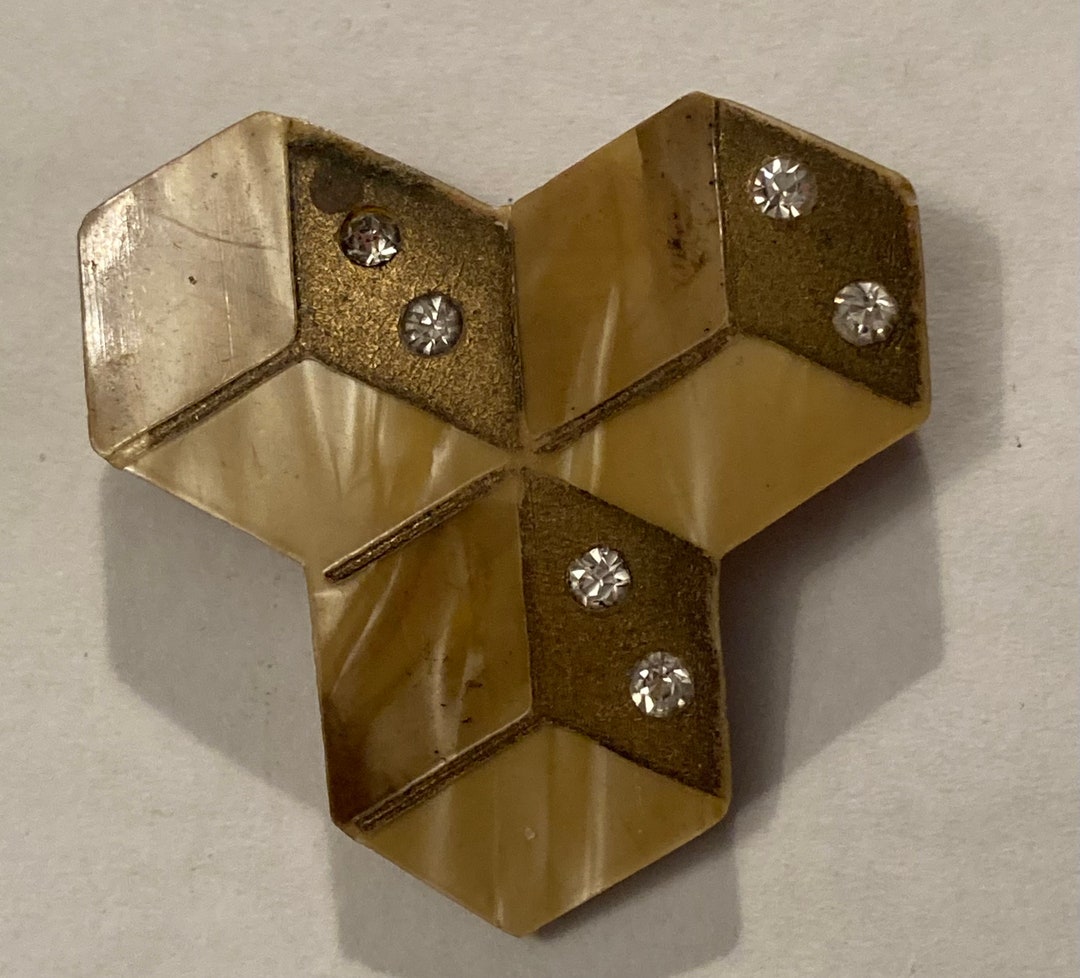 Vintage Celluloid Op Art Pearly Tan Cubes Dice Rhinestones Hard Plastic ...