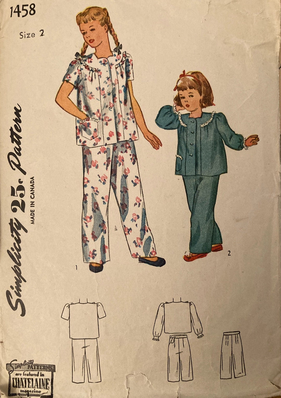 Vintage 1940s Girls’ Two Piece Pyjamas Pattern Size 2 Sweetheart ...