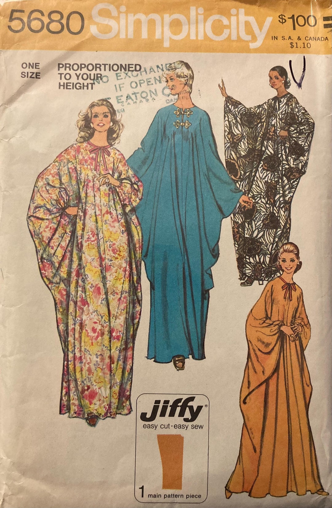 Vintage Jiffy Sewing Pattern Retro CAFTAN Mrs Roper Housedress 1973 One Size FF Uncut Simplicity ...