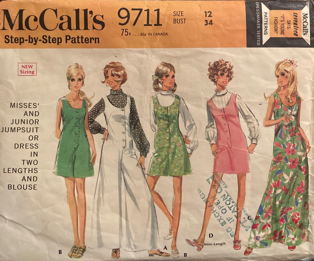 Vintage Sewing Pattern Bell Bottom Jumpsuit and Dress Two Lengths and ...