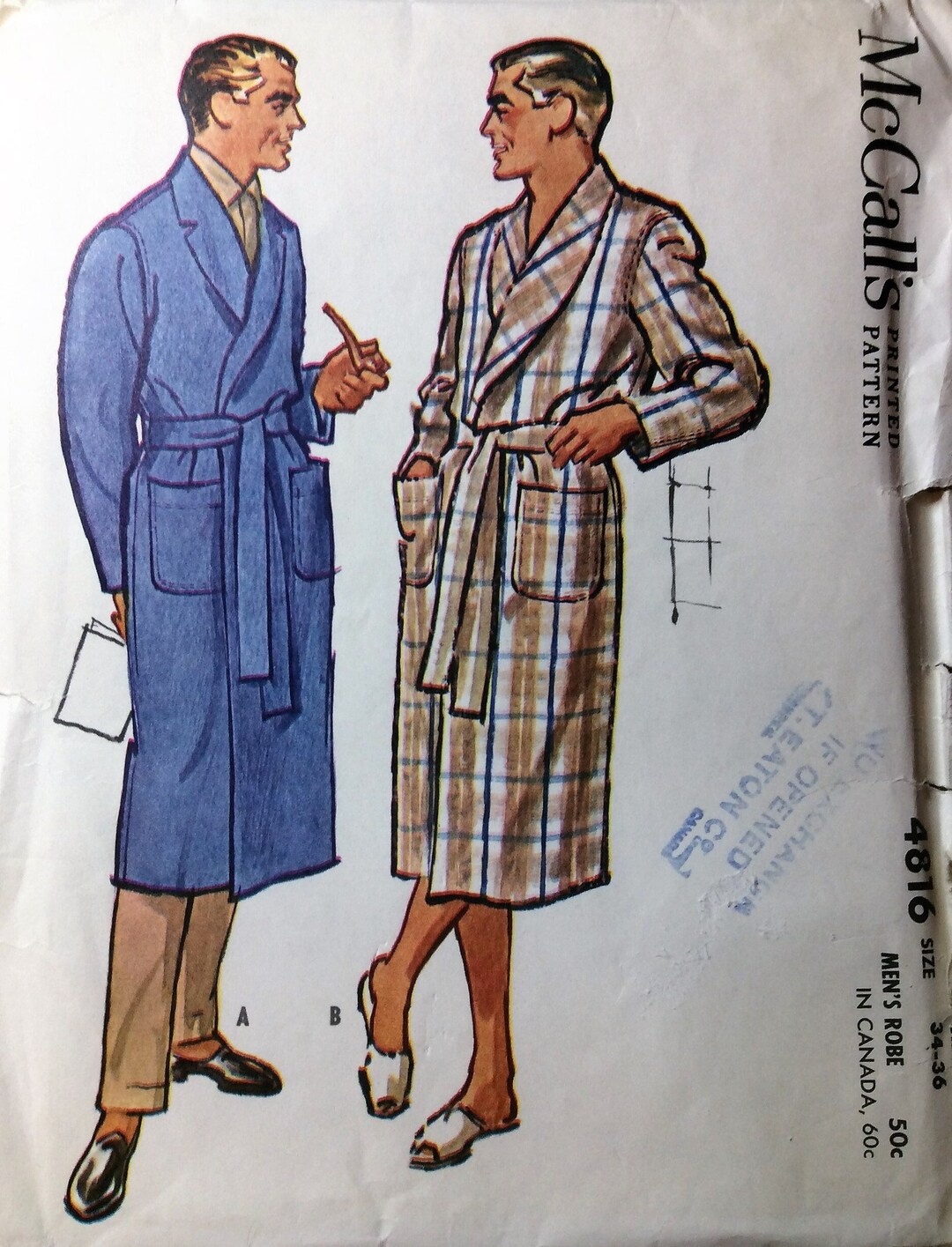 Vintage 1960s Sewing Pattern Mens Robe Size 34-36 Retro Sleepwear Shawl ...