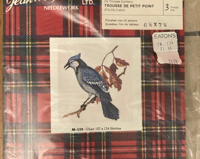 Vintage Needlework Jean Mcintosh Blue Jay Bird on Oak Tree Branch Petit ...