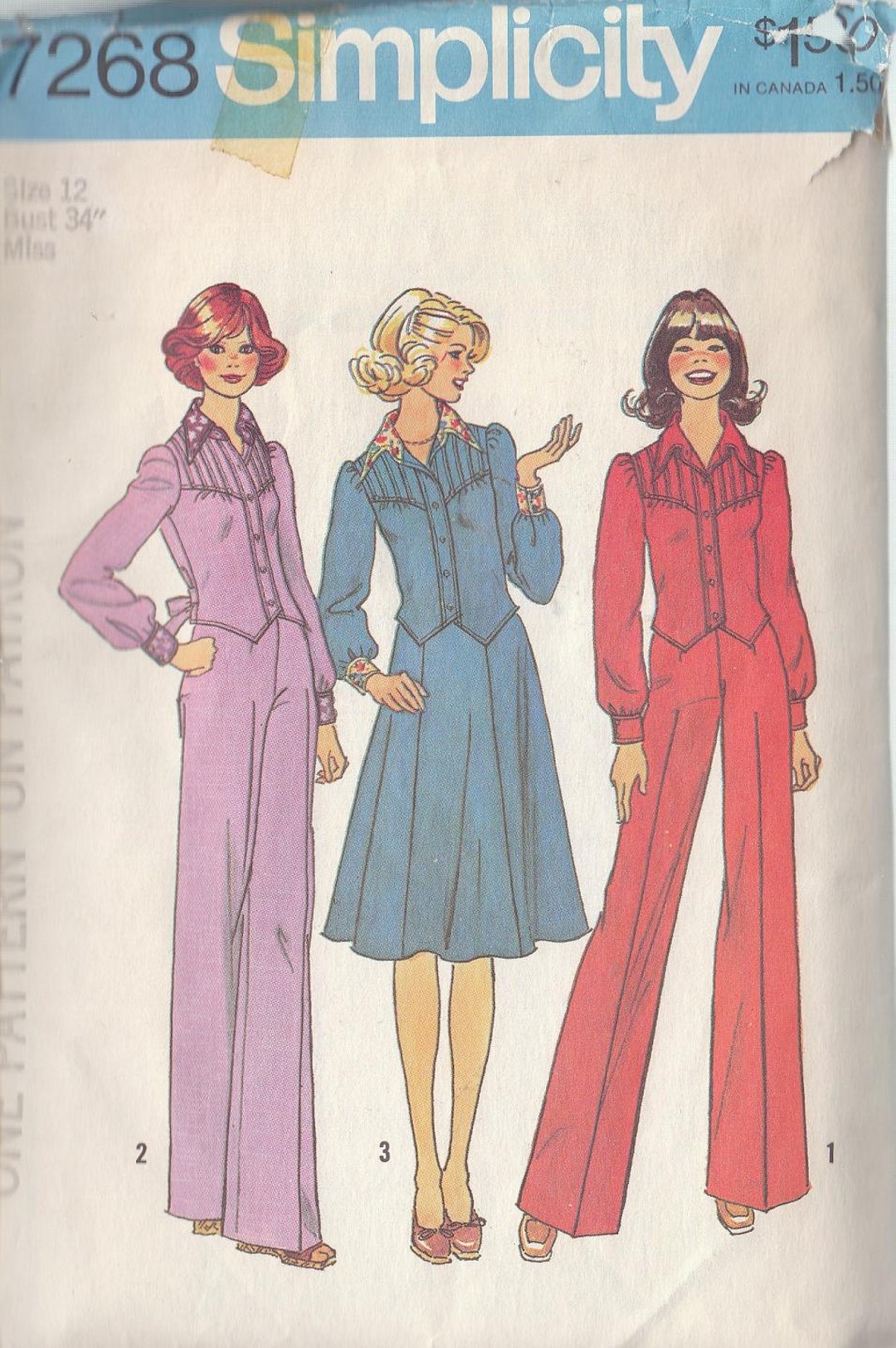 Vintage Sewing Pattern Retro 1975 Mod Yoked Top Flared Pants Skirt Miss ...