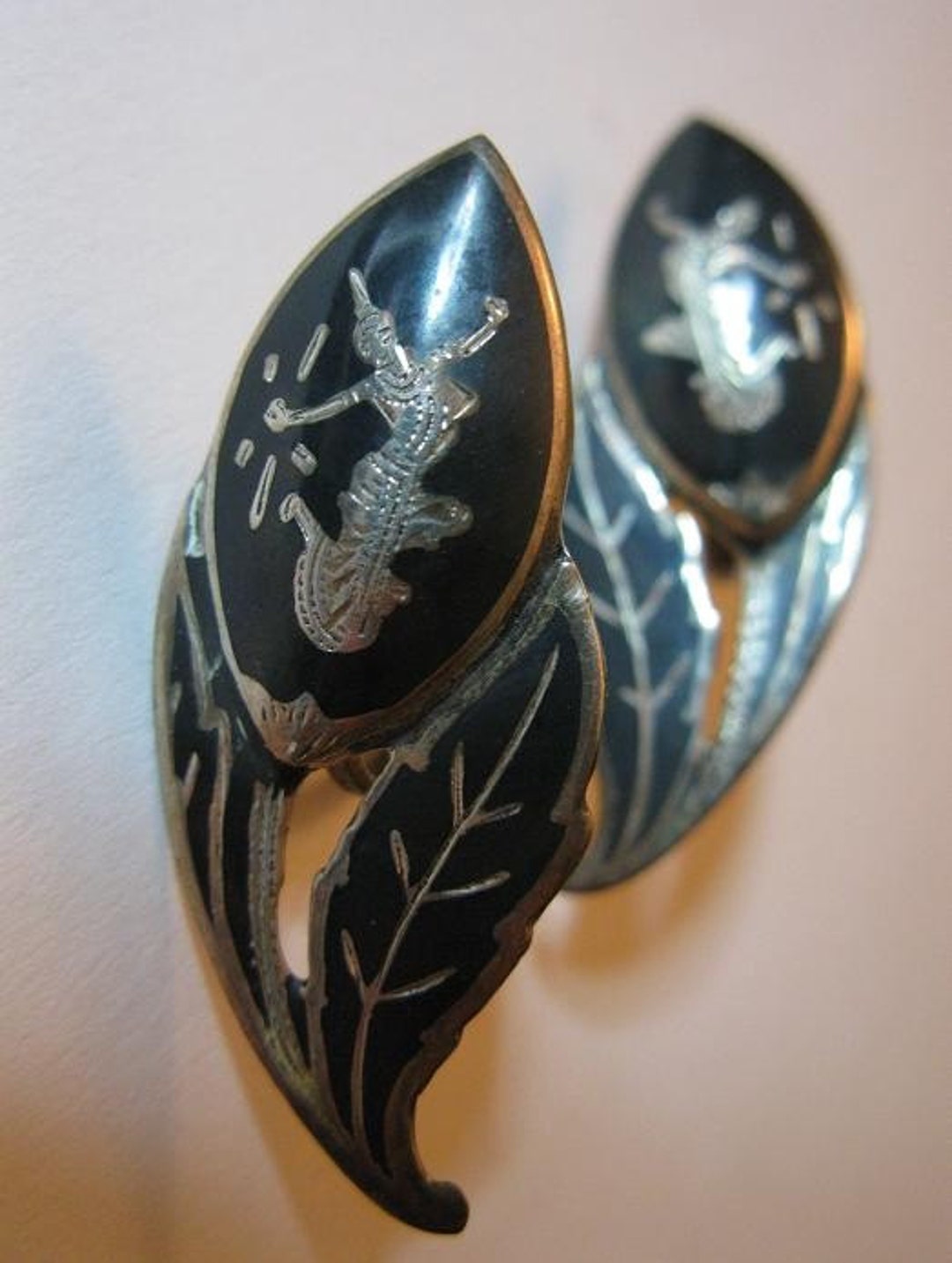 Vintage SIAM Silver Temple Dancer Earrings Niello Enamel - Etsy