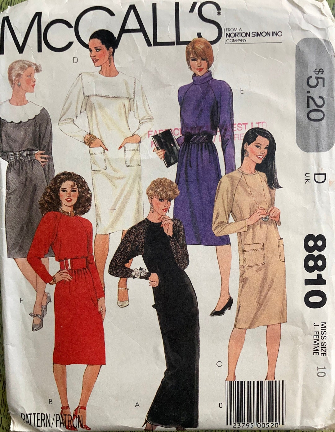 Vintage 1983 Sewing Pattern Classic 80's Raglan Sleeve Straight Dress ...