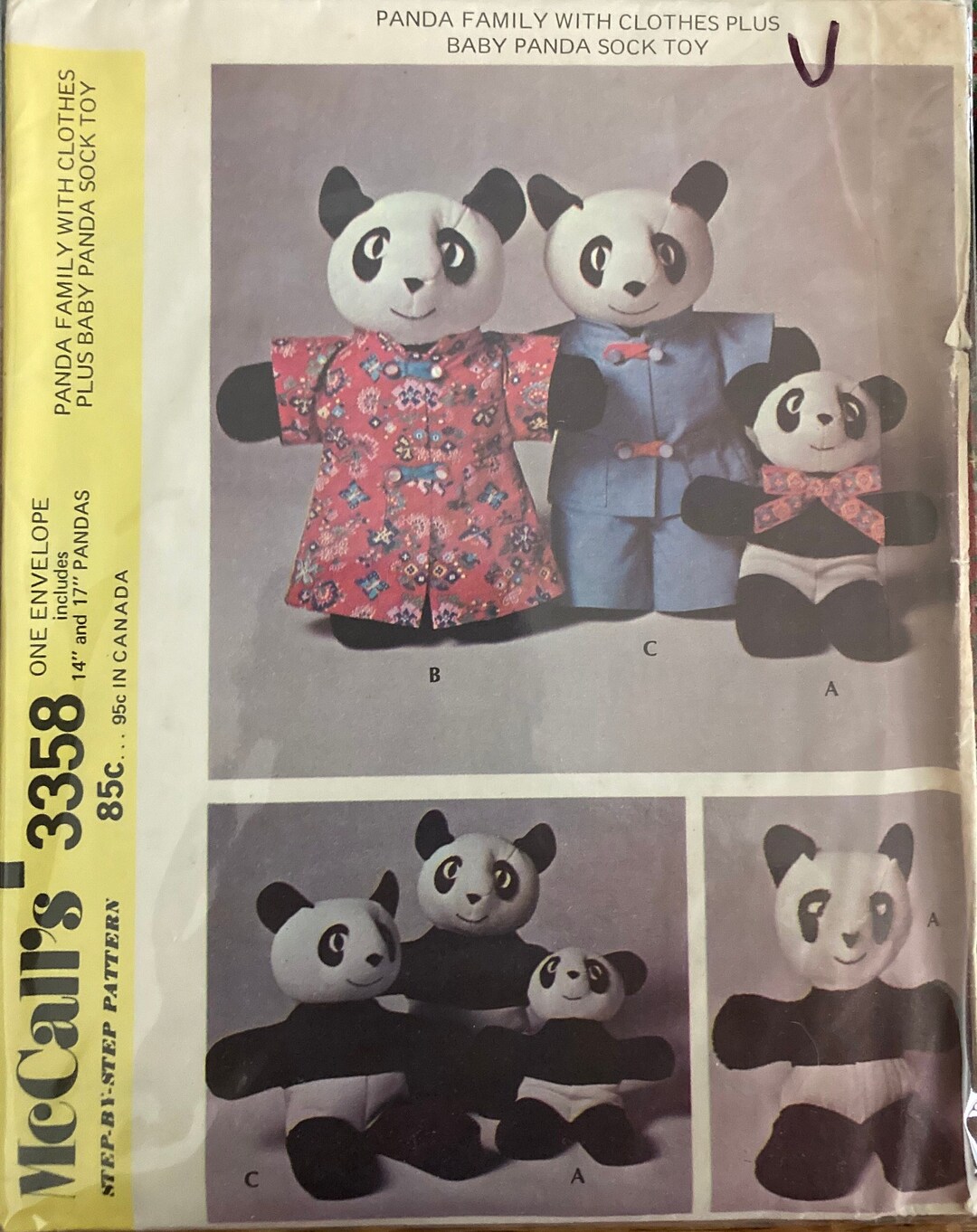 Vintage Sewing Pattern Stuffed Dressed Panda Bear Family Baby Panda ...