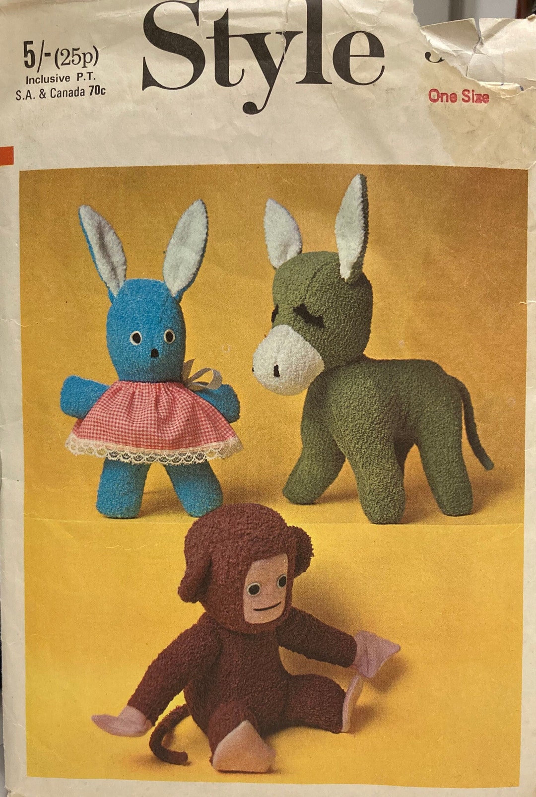 Vintage Sewing Pattern Stuffed Animals Monkey Rabbit and Donkey 1970 ...