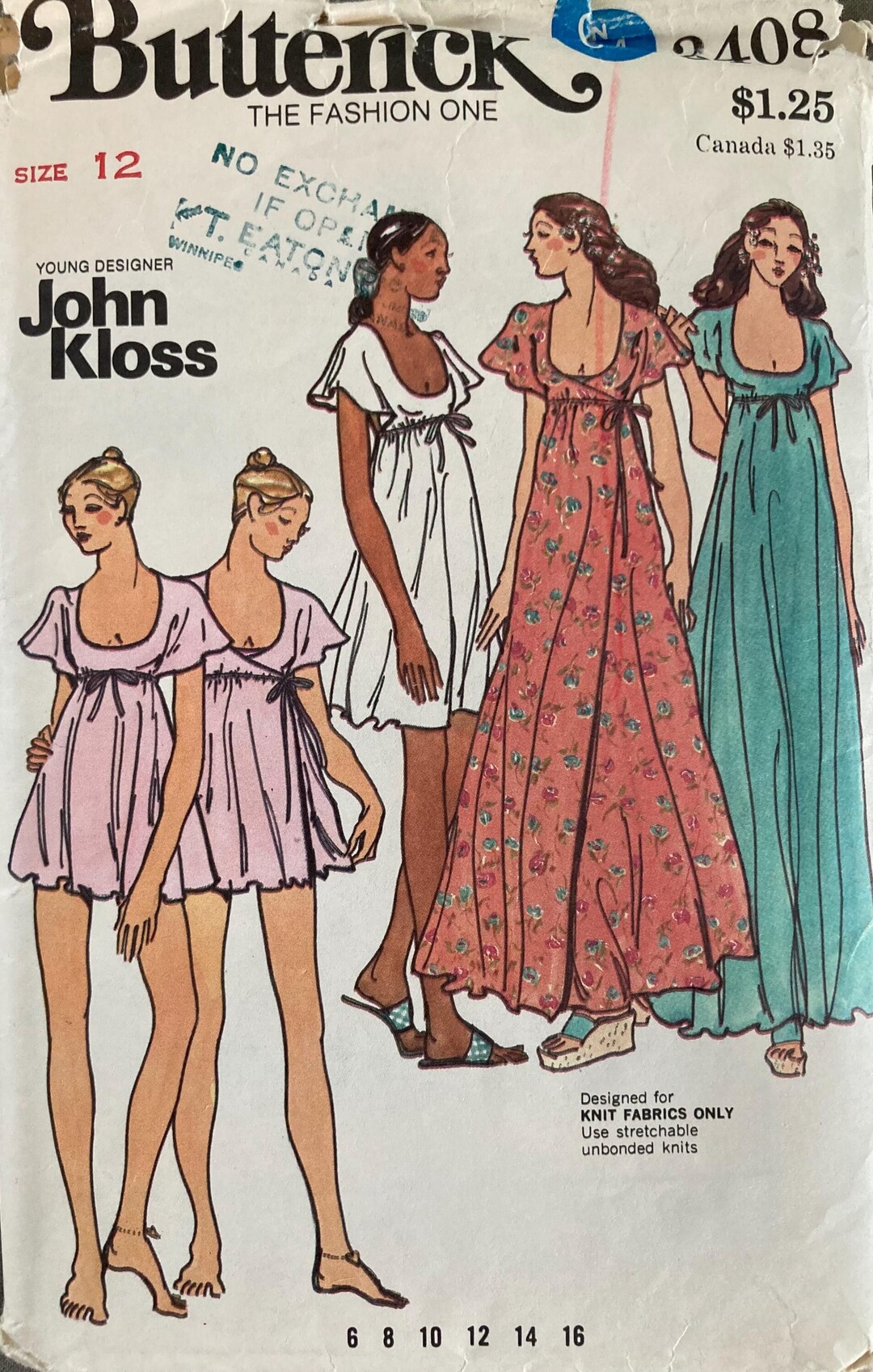 Vintage 1973 Sewing Pattern John Kloss Scoop Neck Baby Doll Dress Gown ...