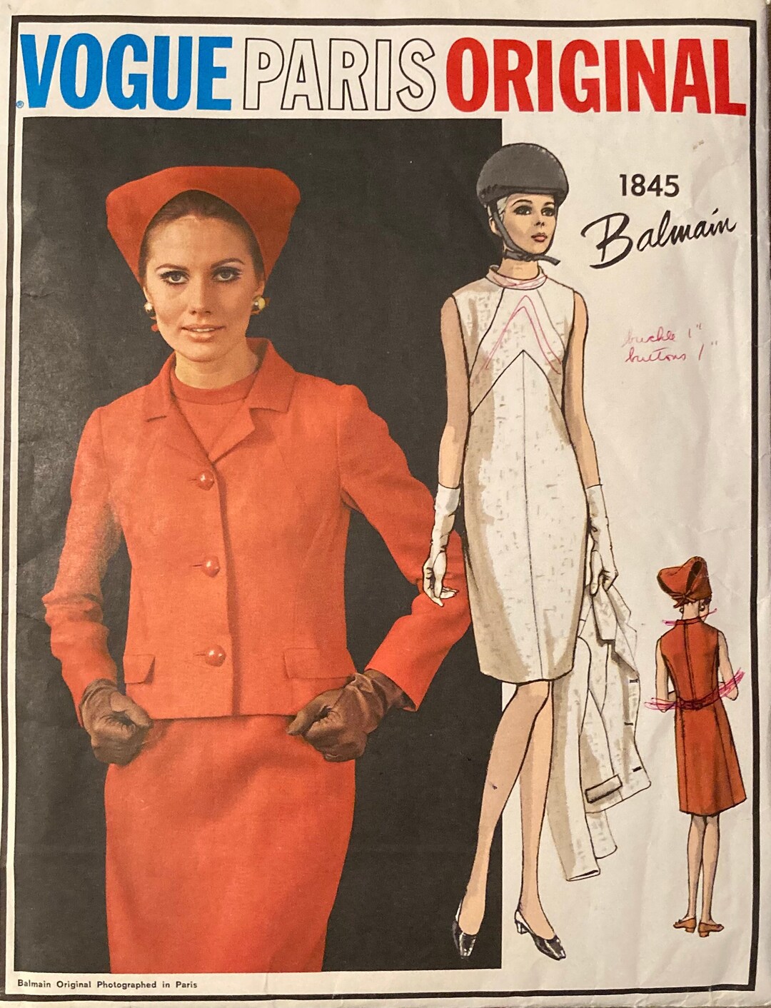 Vintage BALMAIN Sewing Pattern Vogue Paris Original 1967 Sleeveless One ...