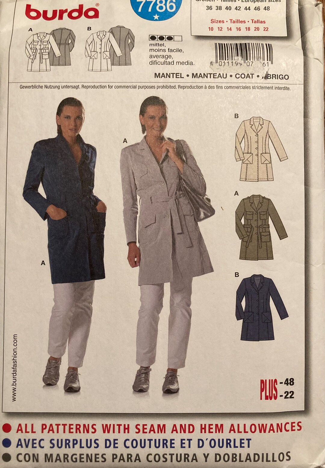 Sewing Pattern Misses Semi-fitted Coat Patch Pockets Self Belt Short ...