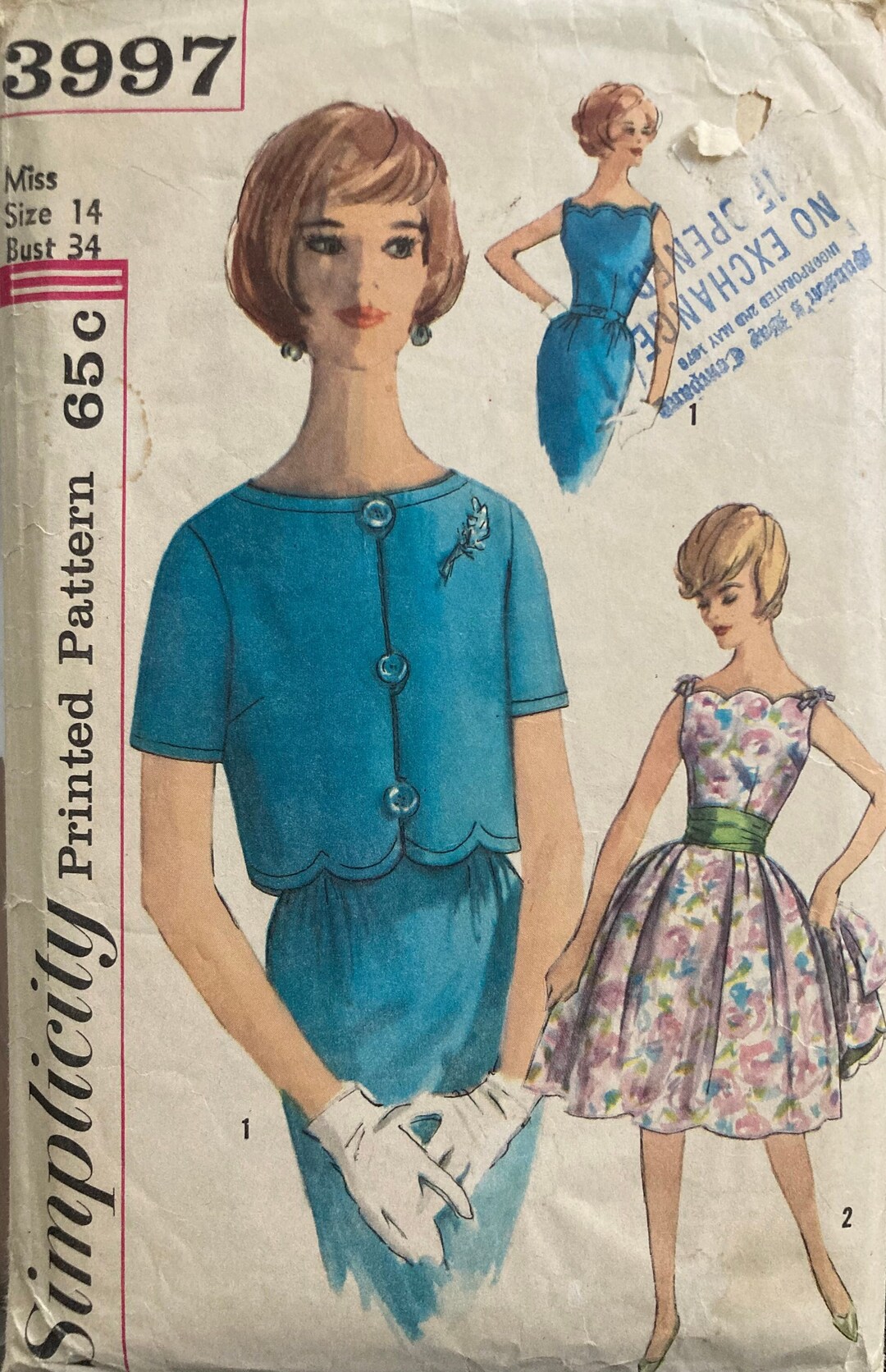 Vintage Sewing Pattern 1960s One Piece Scalloped Neckline Dress Slim or ...