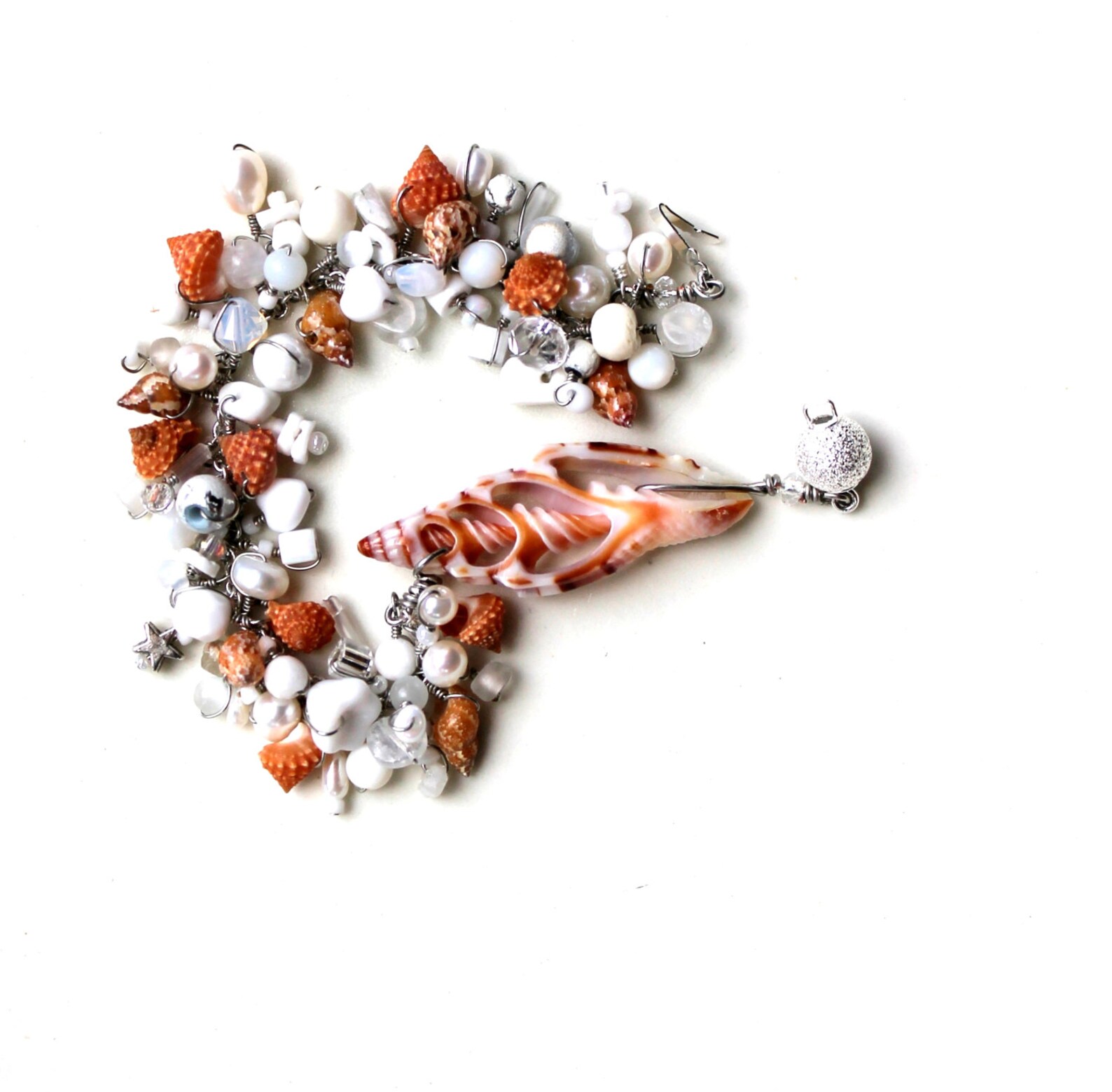 White Shell Bracelet / Peach Center Cut Cerithium Seashell / Moonstone ...
