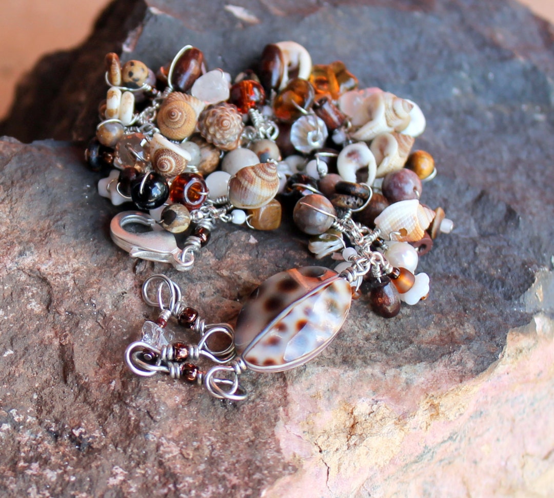 Shell Beaded Bracelet / Wire Wrapped Seashells Brown Tan Bracelet ...