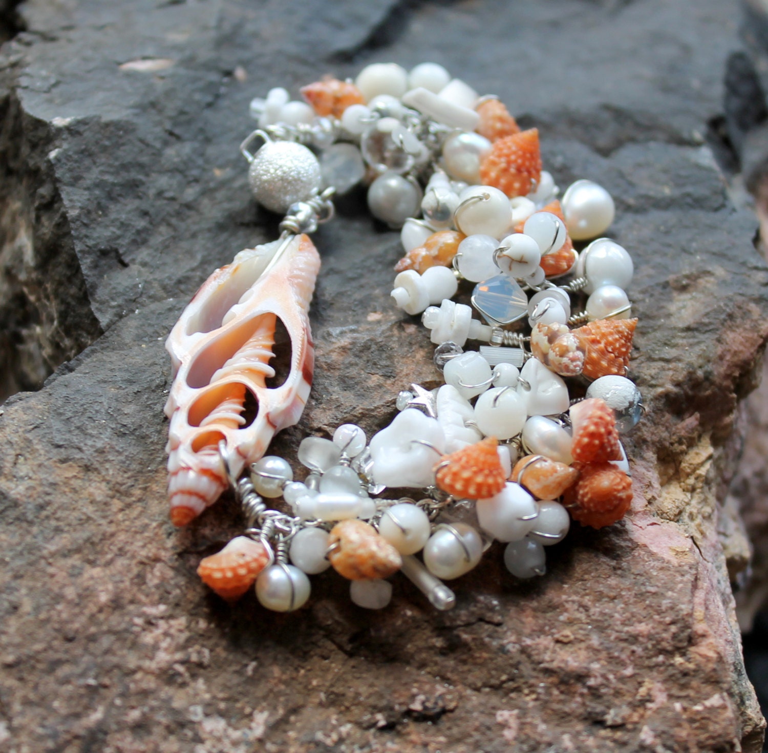 White Shell Bracelet / Peach Center Cut Cerithium Seashell / Moonstone ...