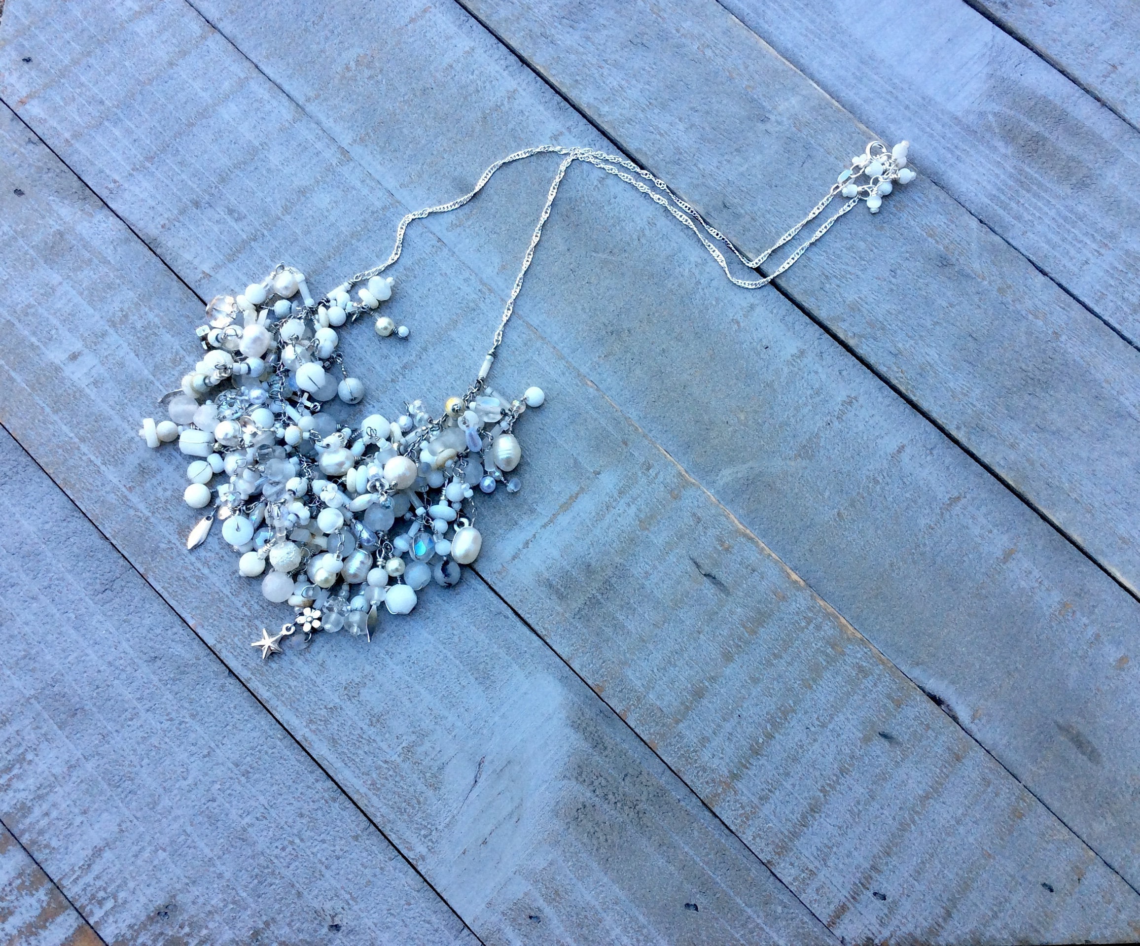 White Fringe Necklace. Wire Wrapped White Beaded Handmade Romantic ...