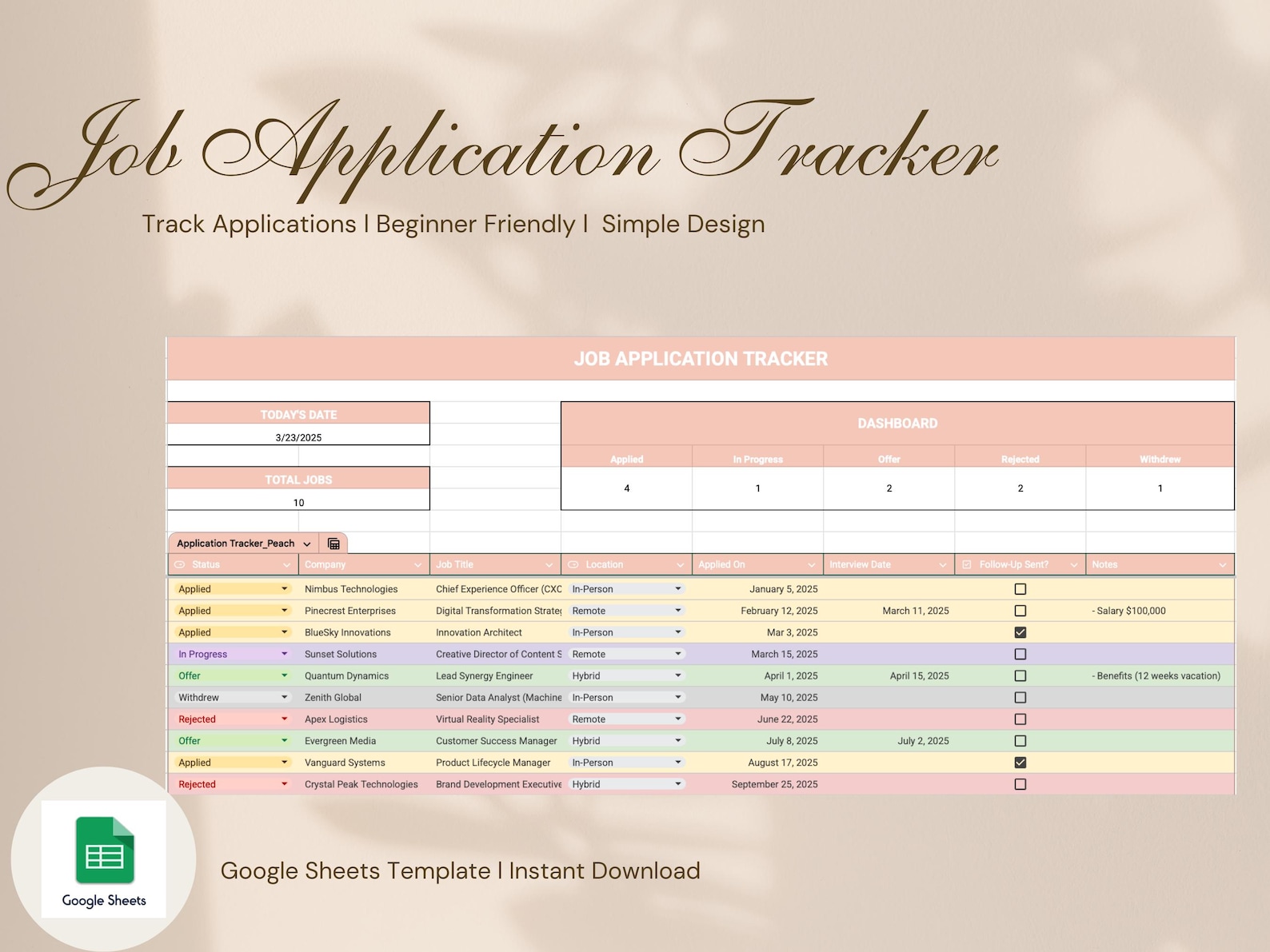 Job Application Tracker | Google Sheets Organizer (digital Tool) - Etsy