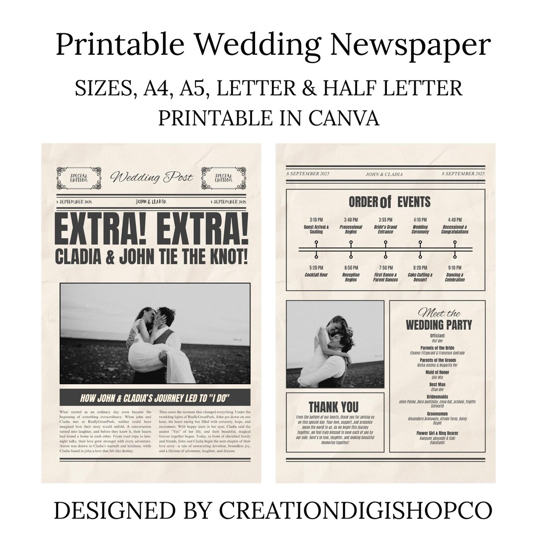 Editable Wedding Day Newspaper Template – Printable Canva Design in A4 ...