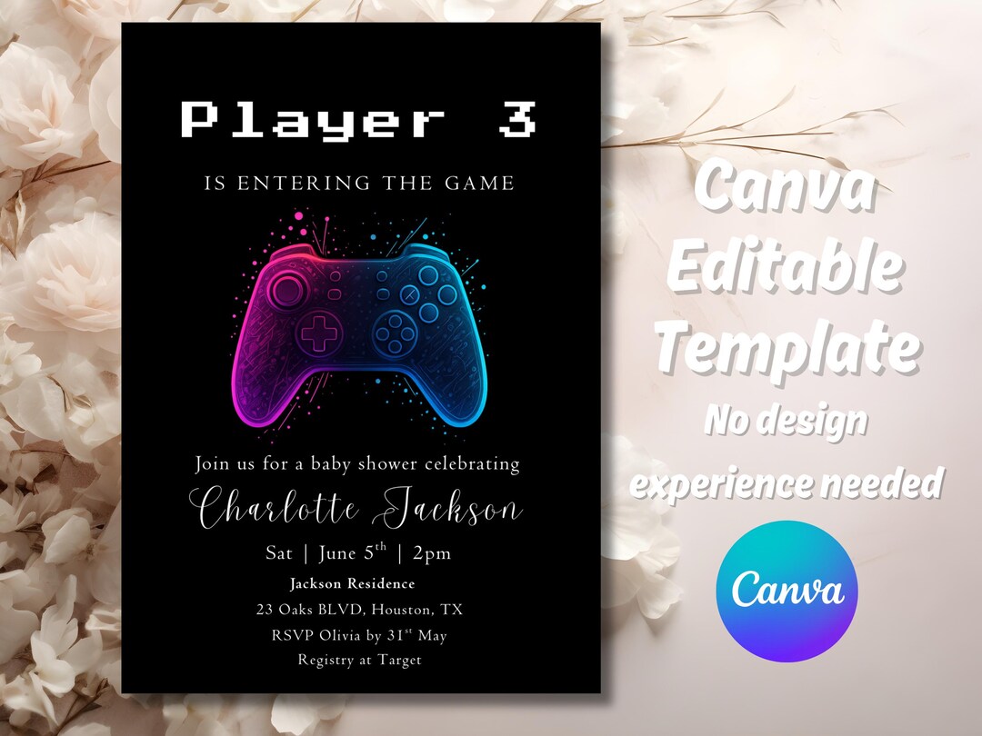 Editable Gaming Baby Shower Invitation Player 3 Has Entered the Game ...