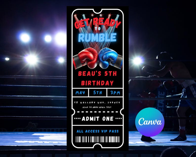 Boxing Invitation Boy Editable Kids Boxing Ticket Birthday Party Invite ...