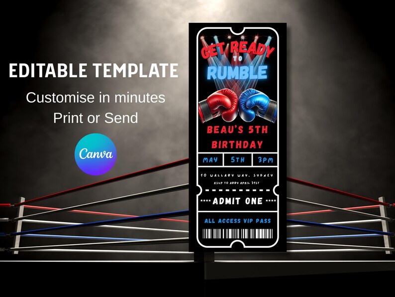 Boxing Invitation Boy Editable Kids Boxing Ticket Birthday Party Invite ...