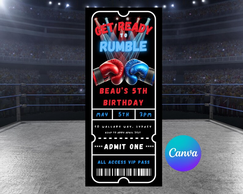 Boxing Invitation Boy Editable Kids Boxing Ticket Birthday Party Invite ...