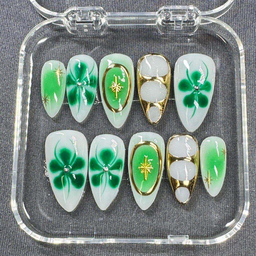 Emerald Clover Press on Nails – Green Floral Design With Gold Accents ...