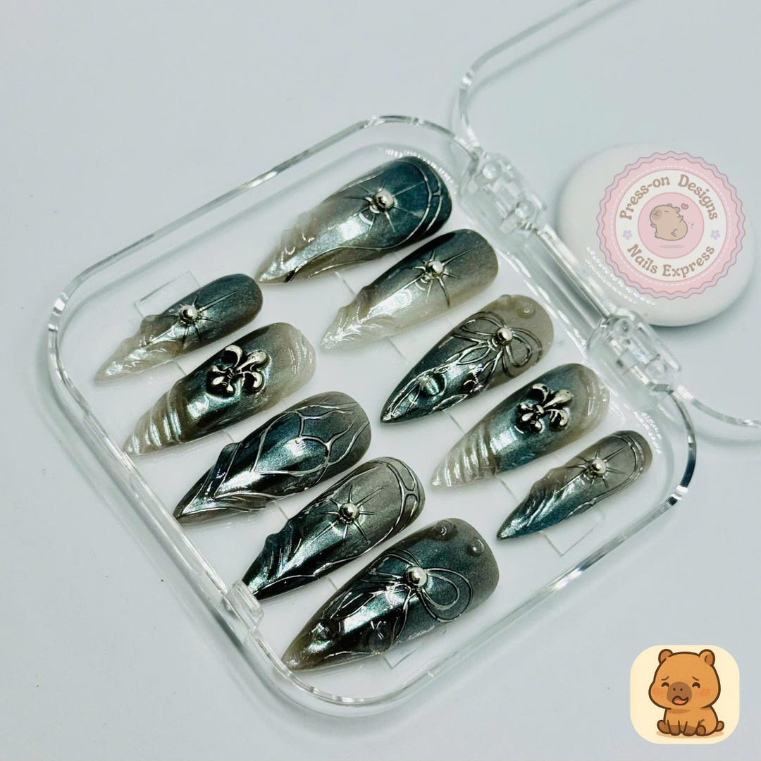 Midnight Armor Press-on Nails – Gunmetal Chrome Nail Set With 3D Bows ...