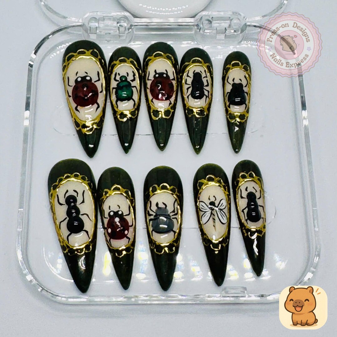 Gothic Insectarium Press-on Nails – 3D Bug & Beetle Nail Art With Gold ...