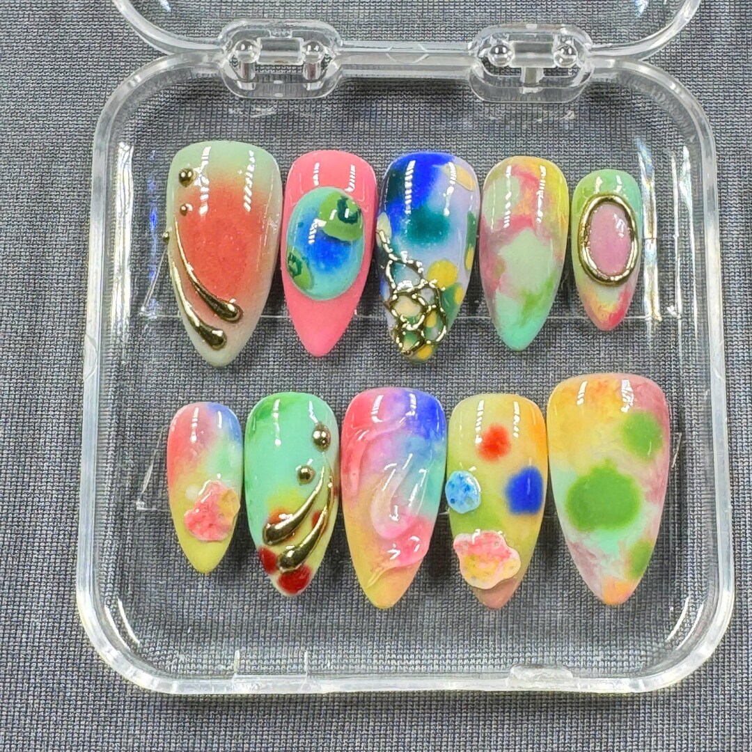 Watercolor Press on Nails: 3D Floral Charms, Color Pop Nail Art - Etsy