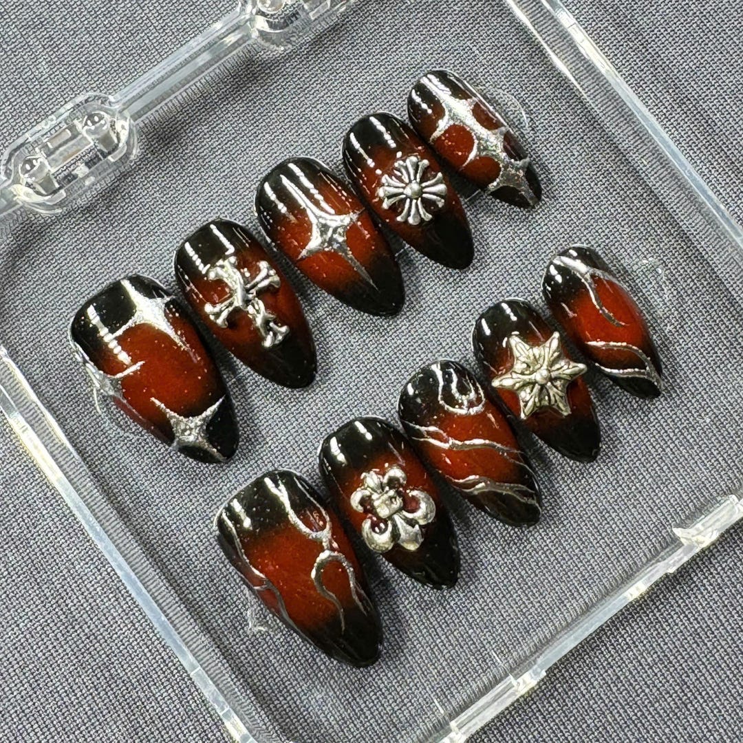 Midnight Flame Press on Nails – Gothic Red With Chrome Charms and ...
