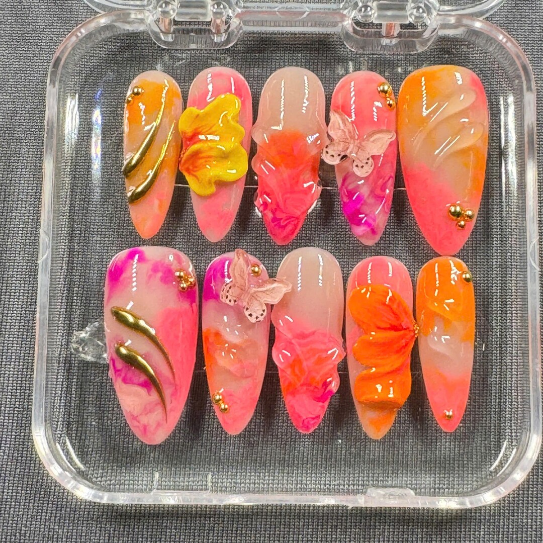 Sunset Ombre Press on Nails With 3D Flowers & Butterfly Charms – Neon ...