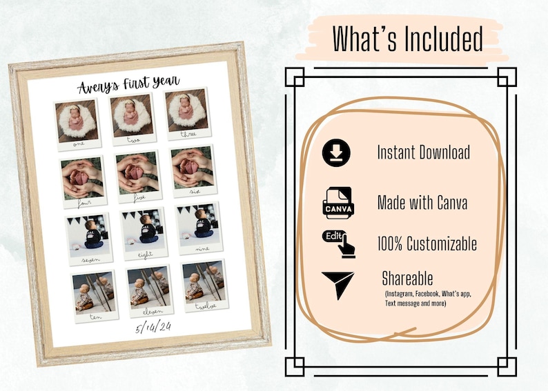 Editable Baby First Year Milestone Sign, Photo Collage (digital ...