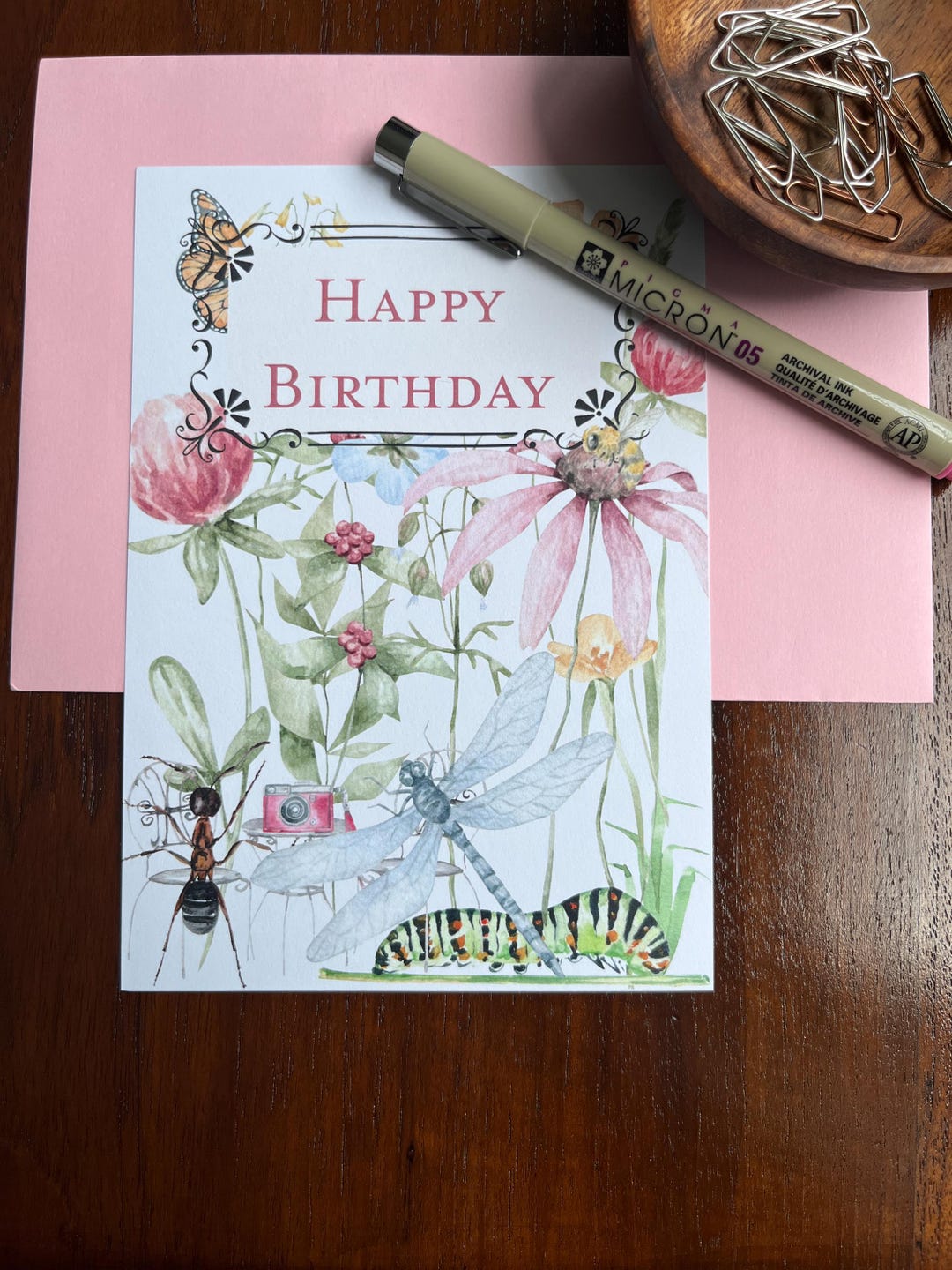 Printable Birthday Card 5x7 | Watercolor Floral Bug Card | Pink Green ...