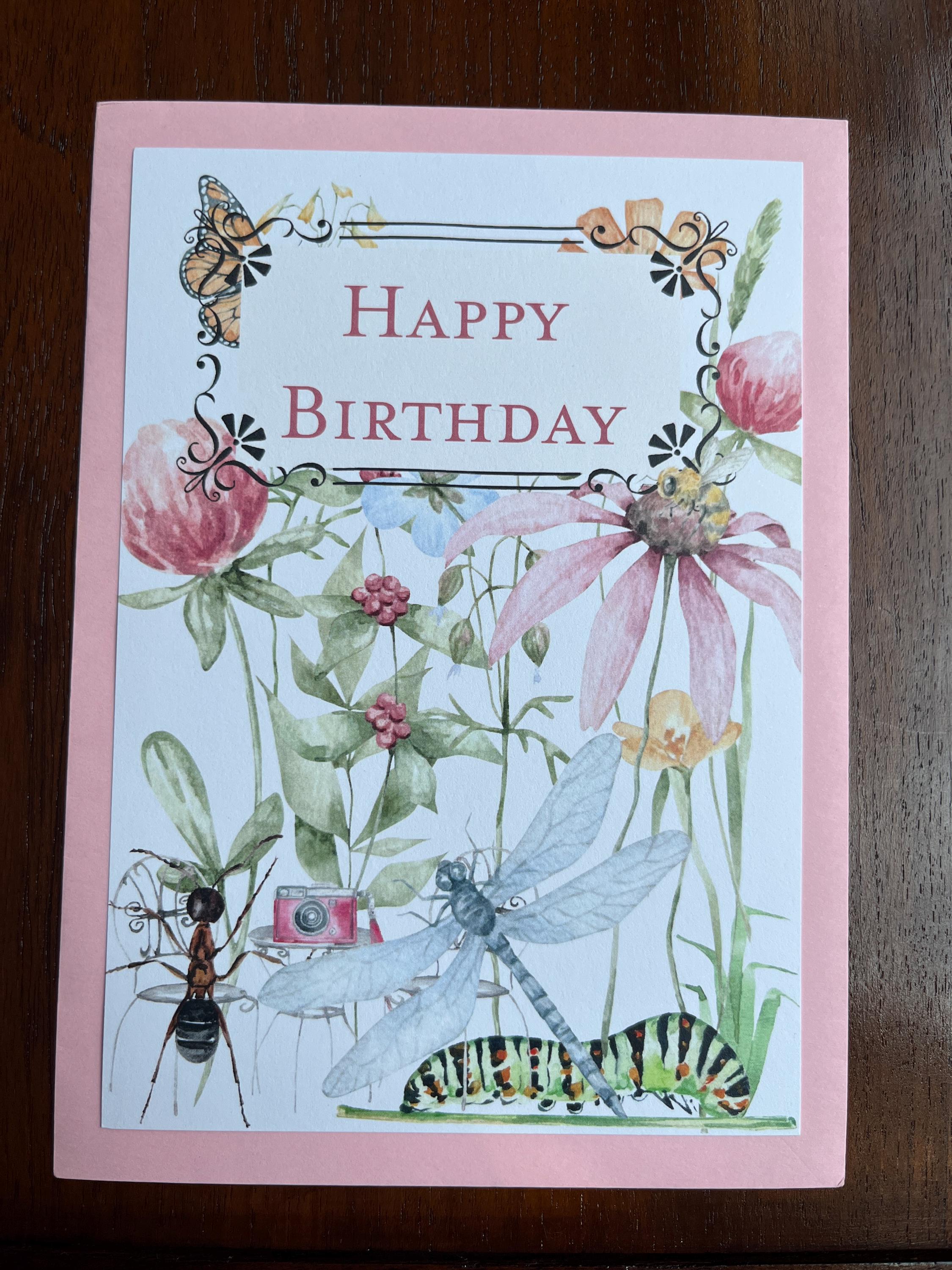 Printable Birthday Card 5x7 | Watercolor Floral Bug Card | Pink Green ...
