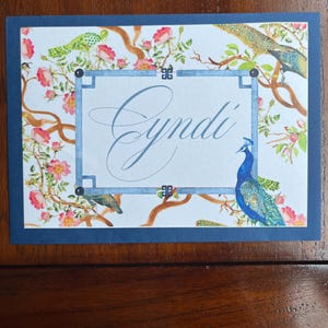 Pink & Green Watercolor Chinoiserie Flat Card With Peacocks - Etsy