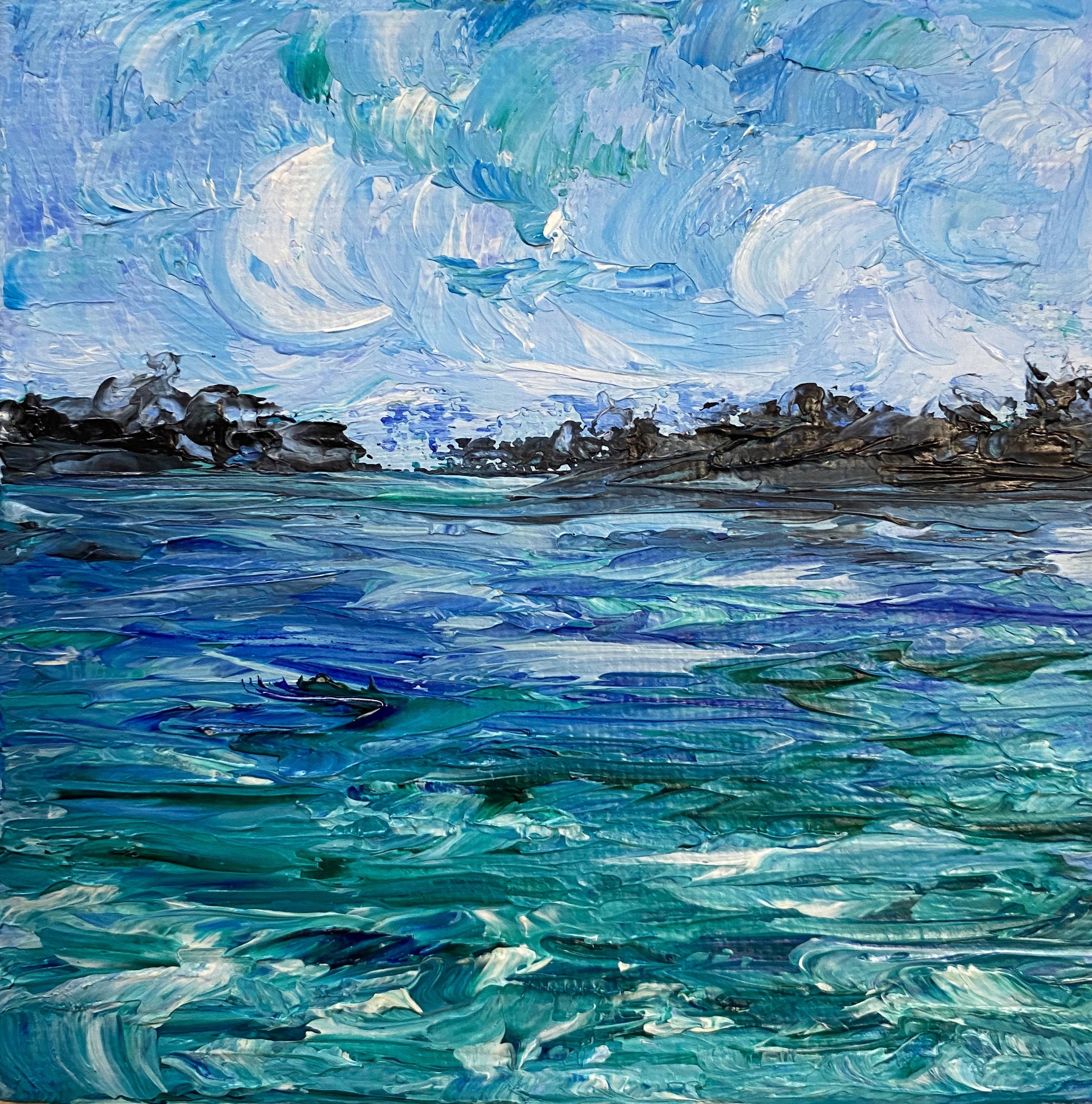 Miniature Ocean Water 4”x4” Lake Sea Waves Abstract Impressionism Oil ...
