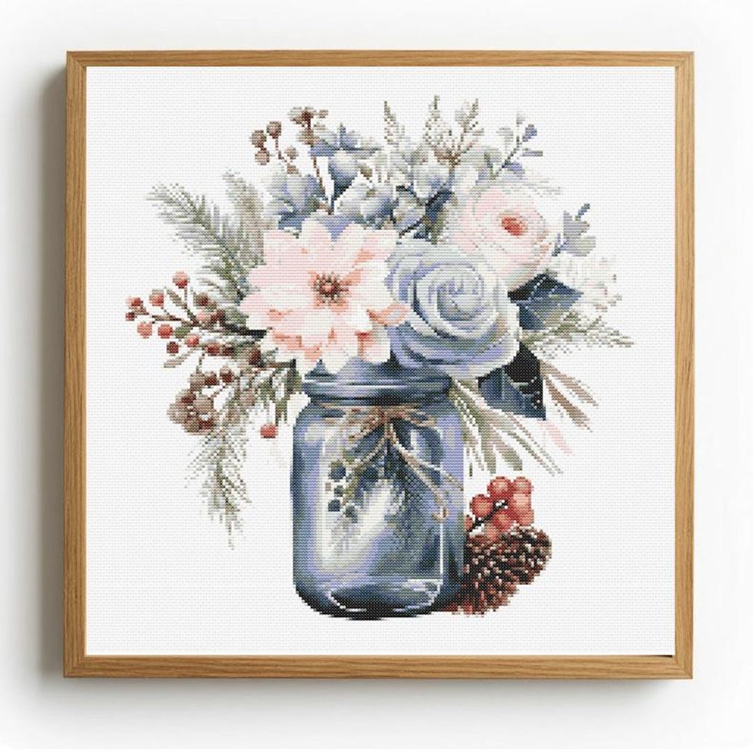 Blue and Pink Flowers in Mason Jar: Cross Stitch Pattern (PDF Download ...