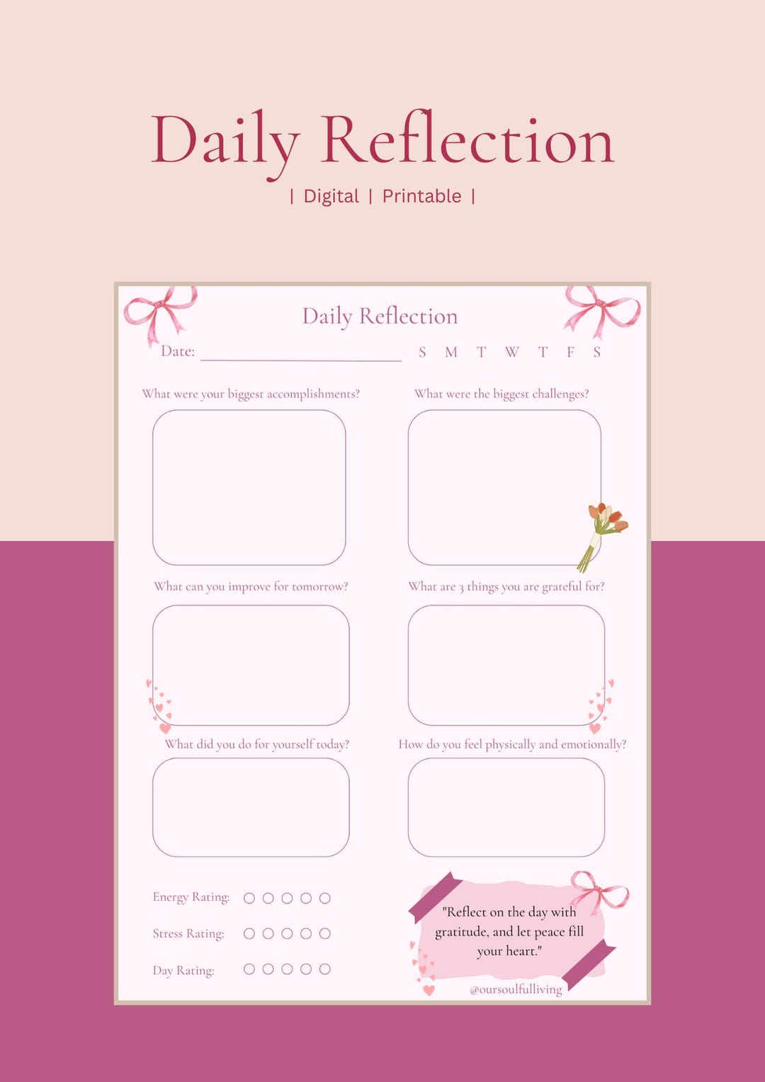 Pink Daily Reflection Sheet | Printable & Digital Self-reflection ...