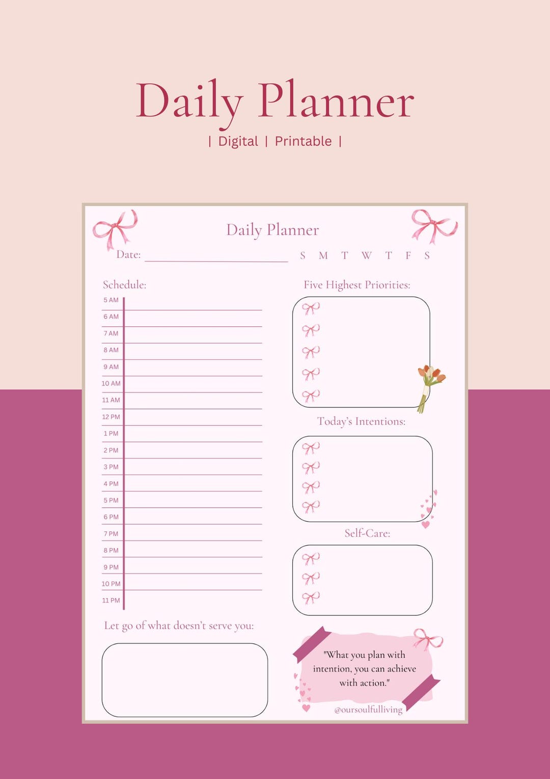 Pink Daily Planner Printable/instant Download | Minimalist Digital Day ...