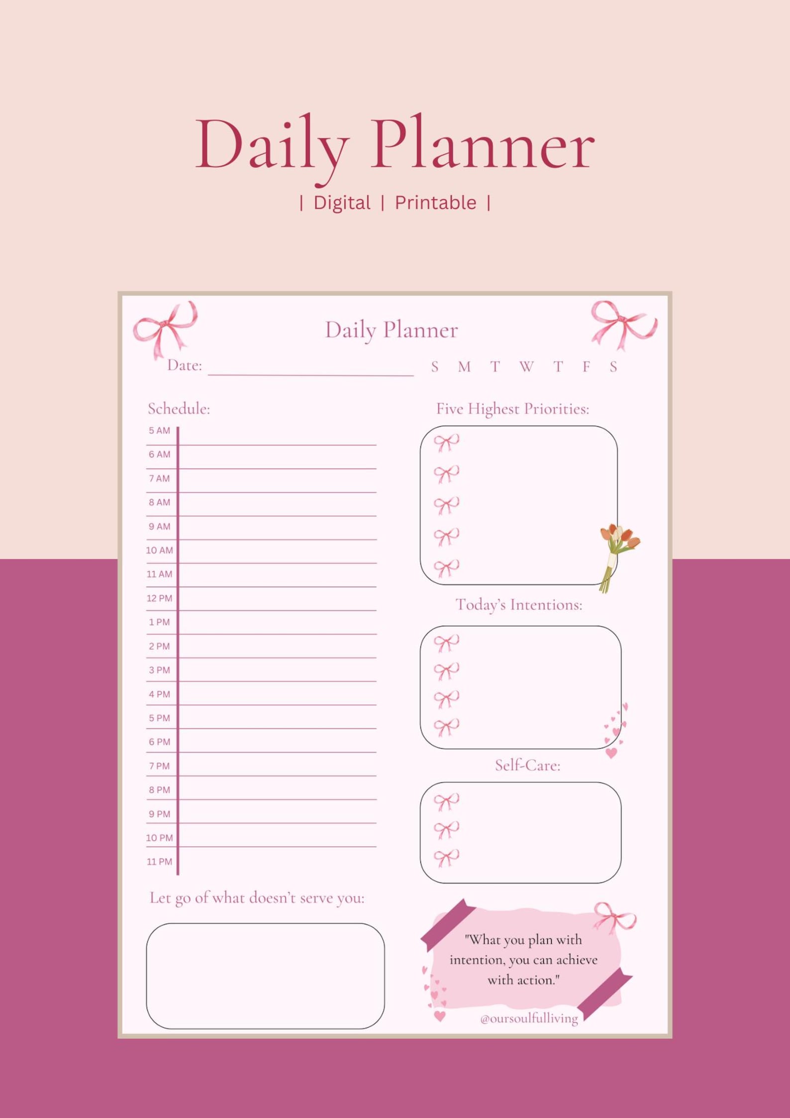 Pink Daily Planner Printable/instant Download | Minimalist Digital Day ...