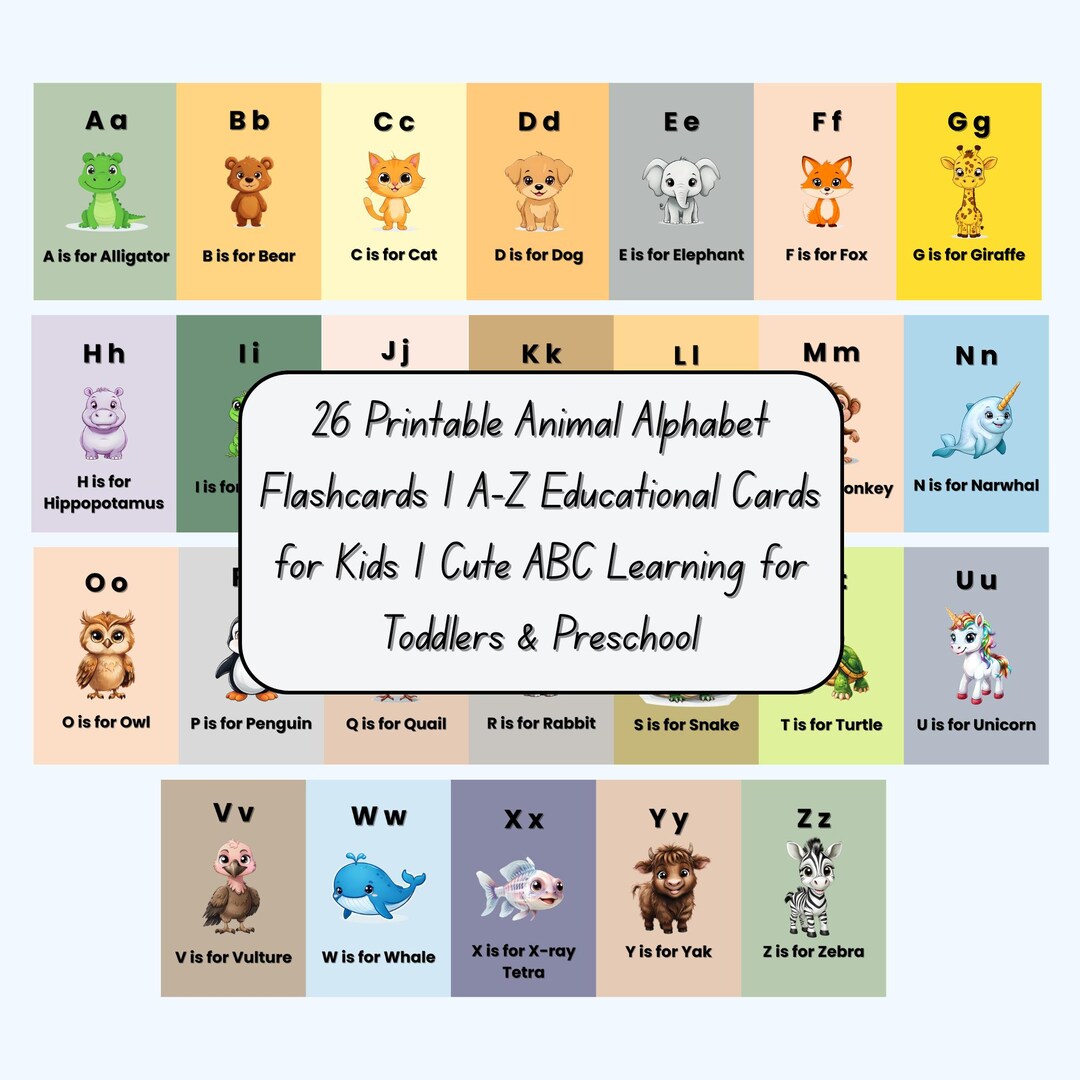 26 Animal Alphabet Flashcards Printable | 4x6" ABC Cards for Kids | A-Z ...