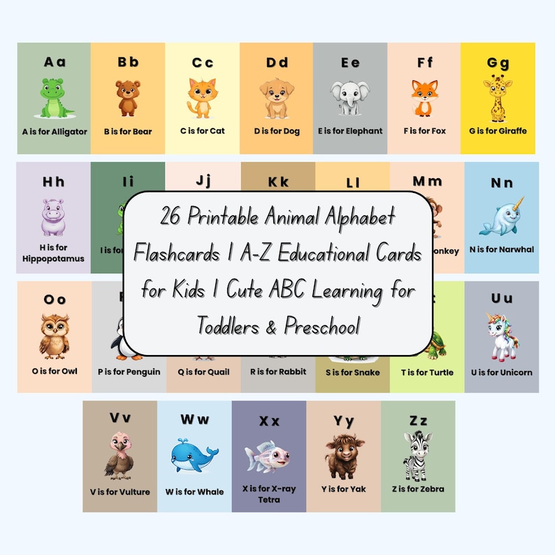 26 Animal Alphabet Flashcards Printable | 4x6" ABC Cards for Kids | A-Z ...