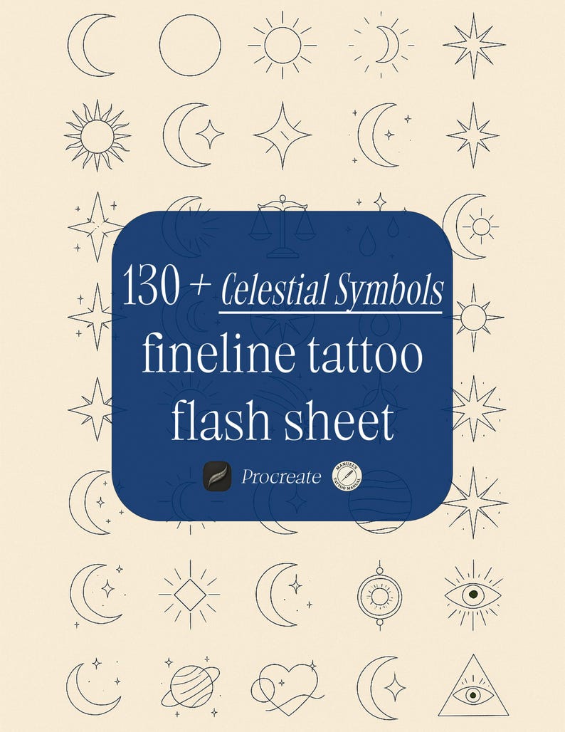 130+ Celestial Tattoo Flash Sheet | Minimalist Moon, Star, Sun (digital ...