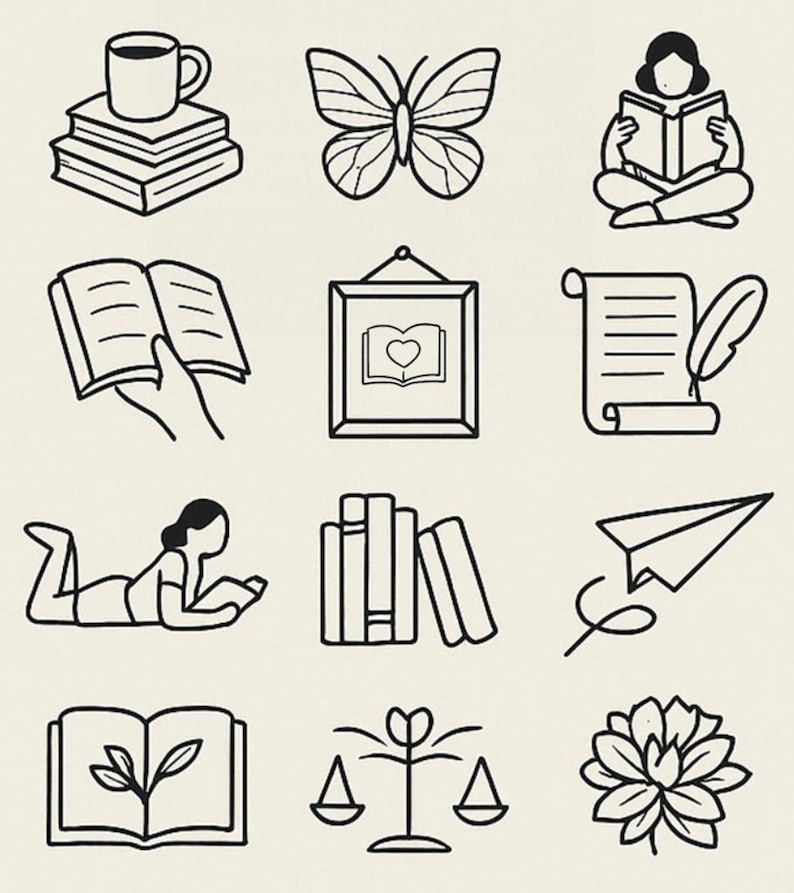 Minimalist Book Tattoo Designs | Literary Fine Line Flash Sheet ...