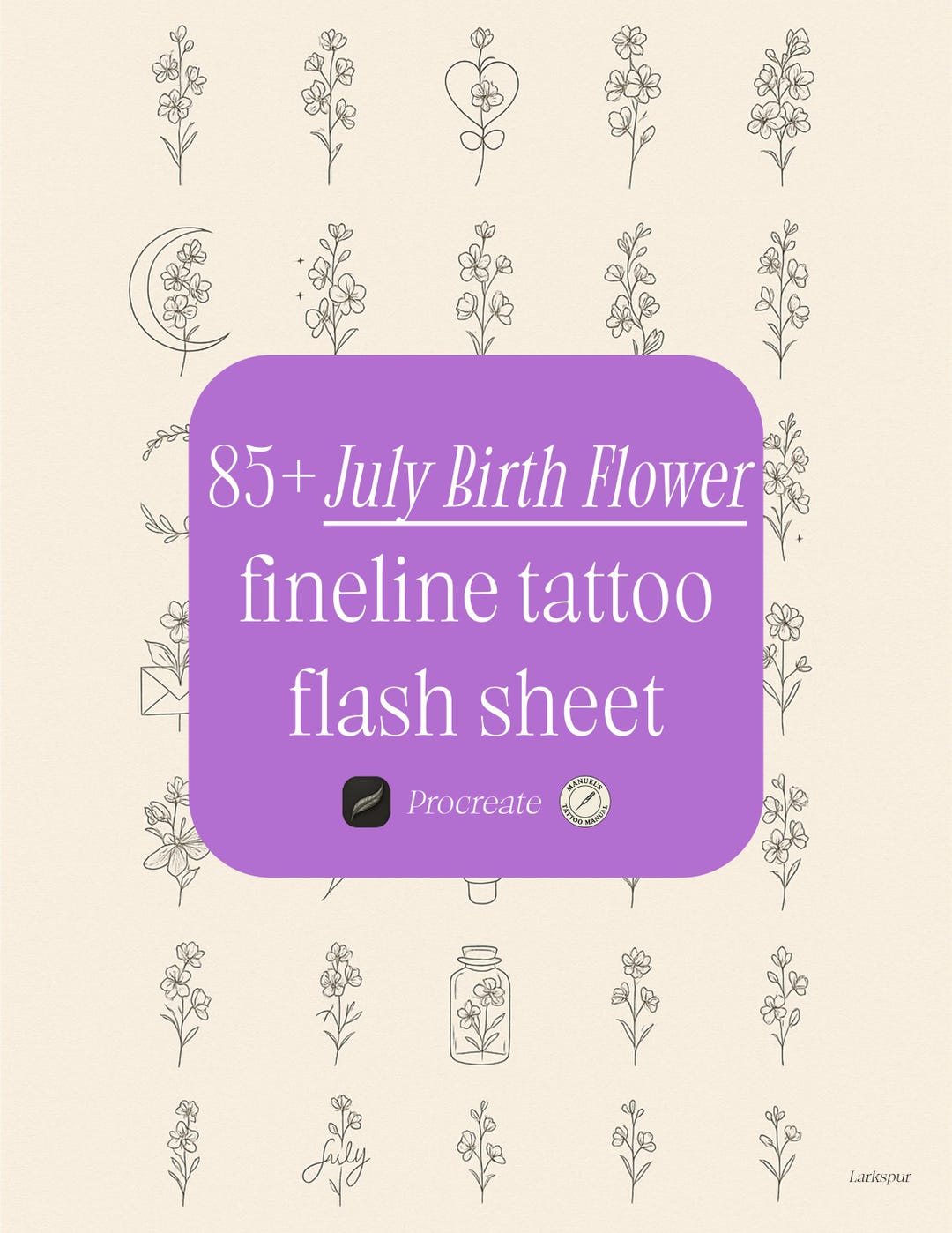 July Birth Flower Tattoo Flash Sheet | Larkspur, Water Lily (digital ...