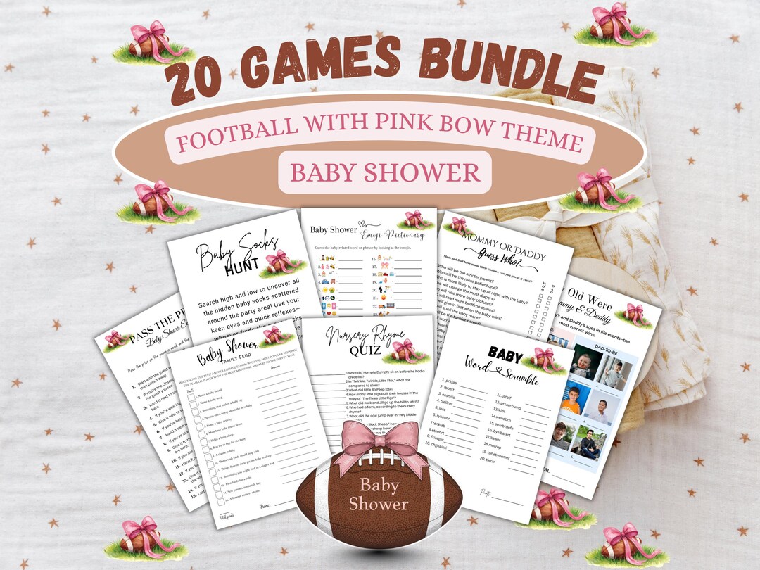 Girl Football Baby Shower Games Bundle, Pink Bow Football Party ...