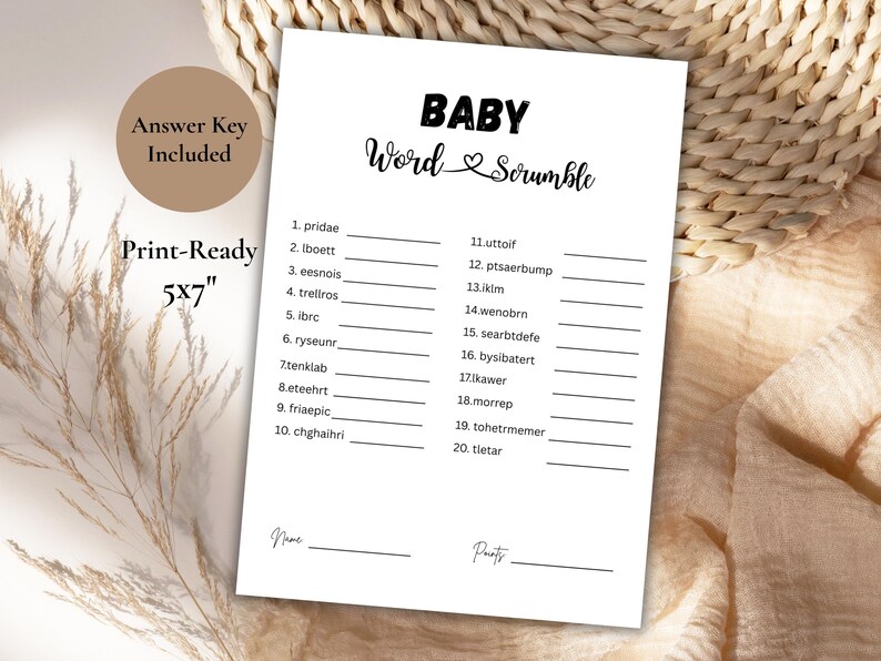 Baby Shower Word Scramble Game Minimalist 5x7"- Instant Download ...