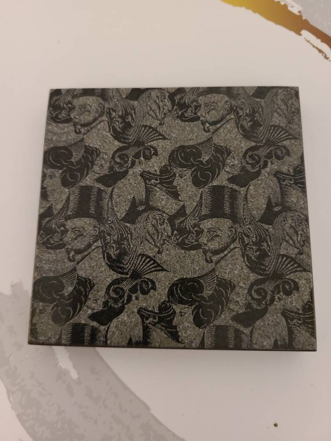 M. C. Escher Inspired Coaster Set. Black Granite Engraved Coaster Set ...